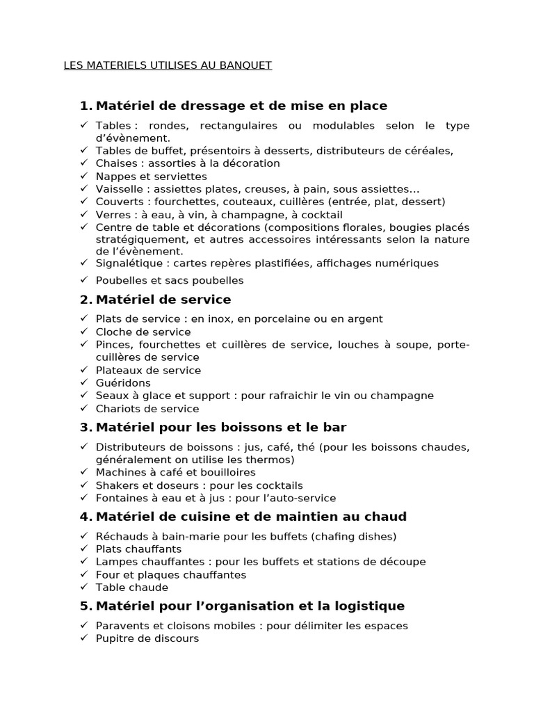 Matériel Essentiel pour Banquets | PDF