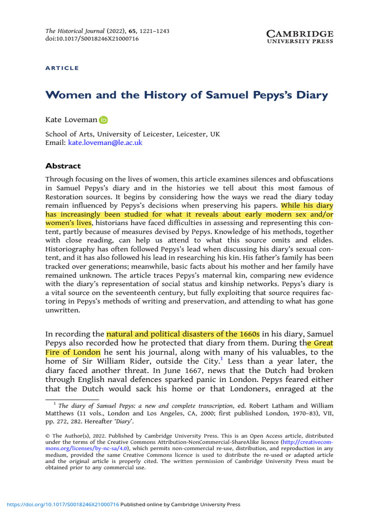 Women in Samuel Pepys's Diary History | PDF | Rape | Samuel Pepys