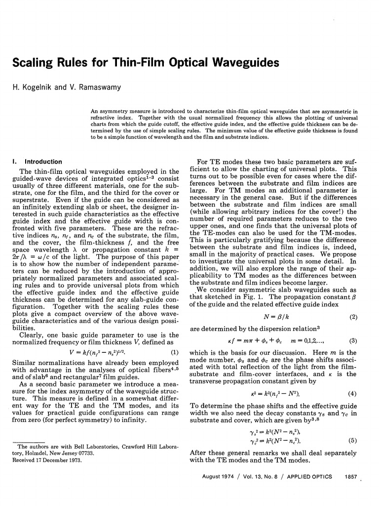 (H. Kogelnik) Scaling Rules For Thin-Film Optical Waveguides | PDF | Waveguide | Optics