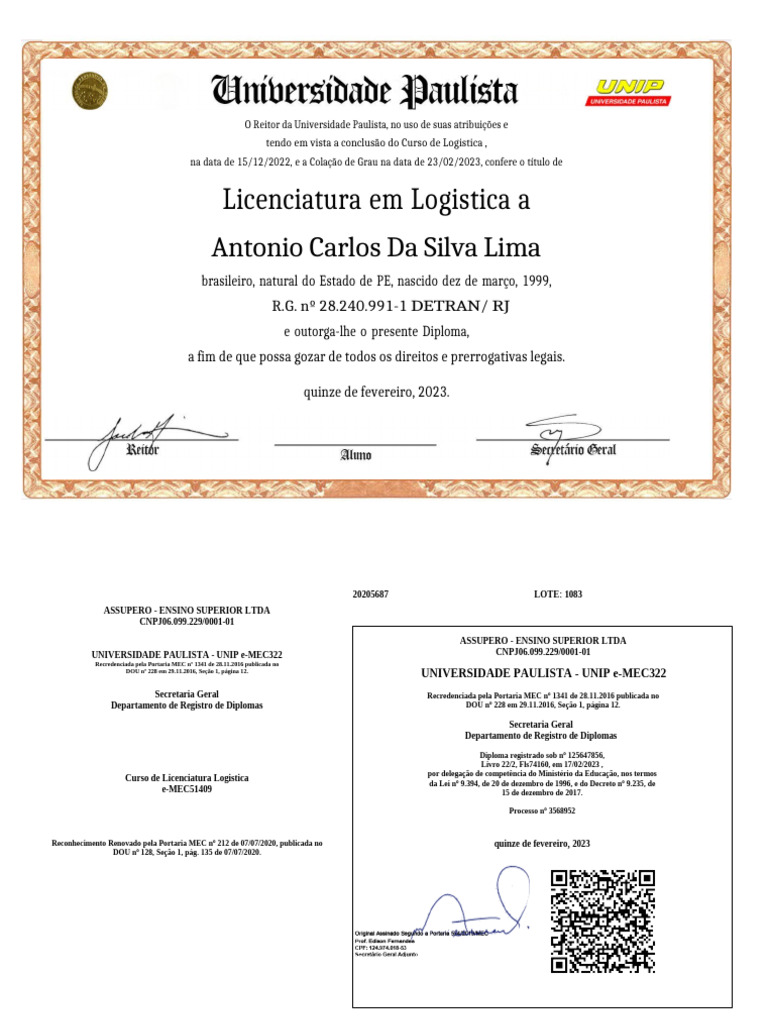 Diploma de Licenciatura em Logística UNIP | PDF