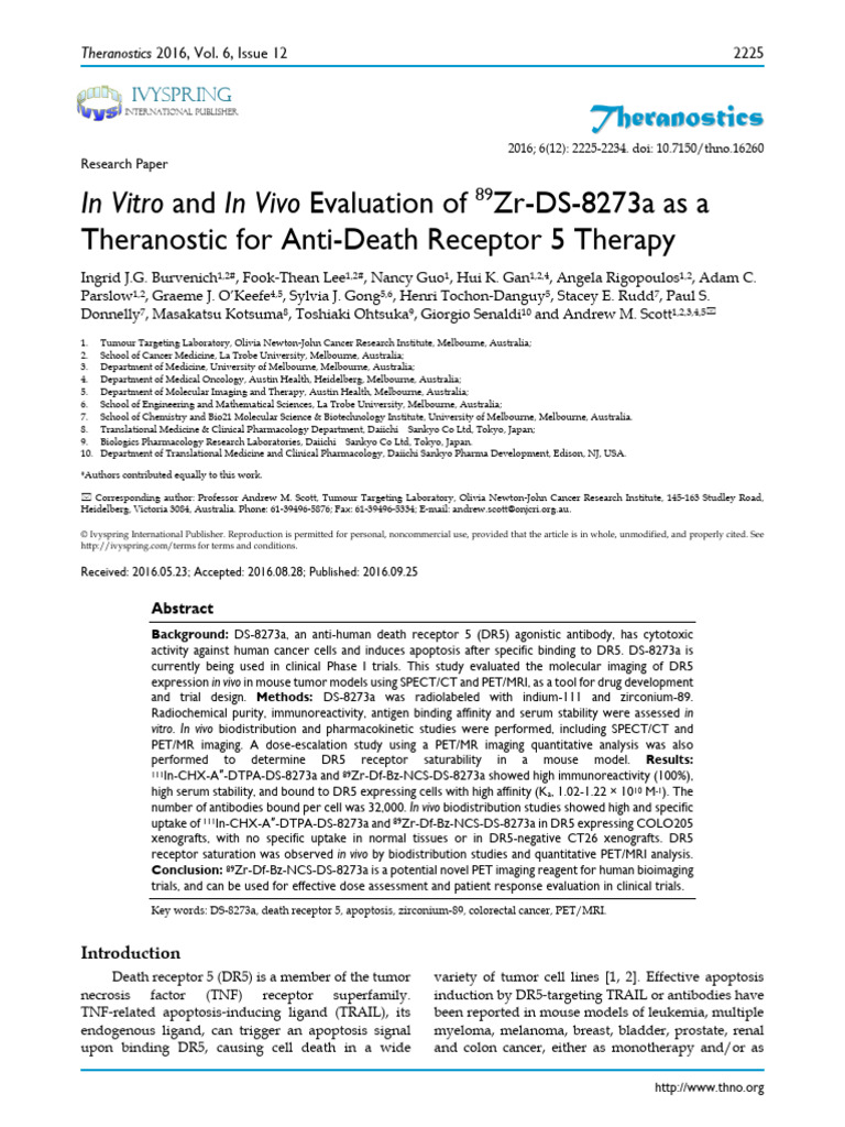 In Vitro and in Vivo Evaluation of 89Zr-DS-8273a As A Theranostic For Anti-Death Receptor 5 ...