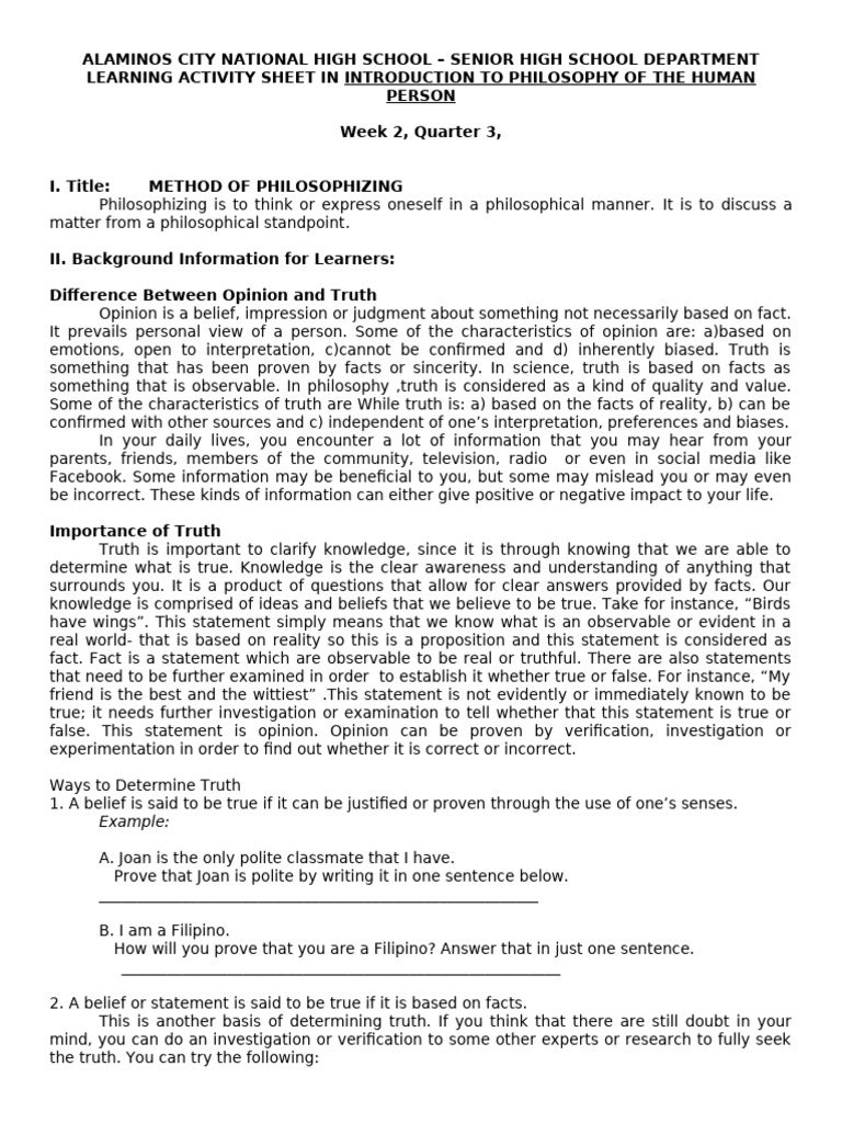 Philo-Activity-Sheet For Grade 11 | PDF | Truth | Knowledge