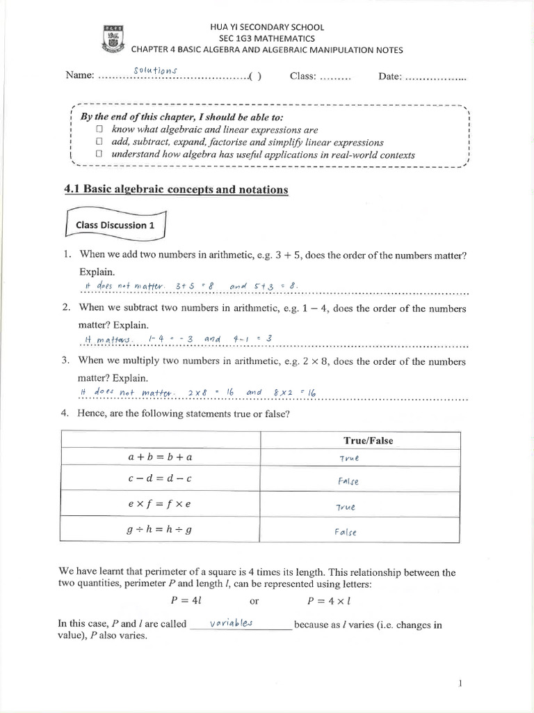 1G3 CHP 4 Basic Algebra Notes (Sol) | PDF