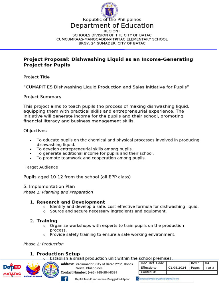Project Proposal For Income Generating Projects For Pupils Sy 2023-2024 ...