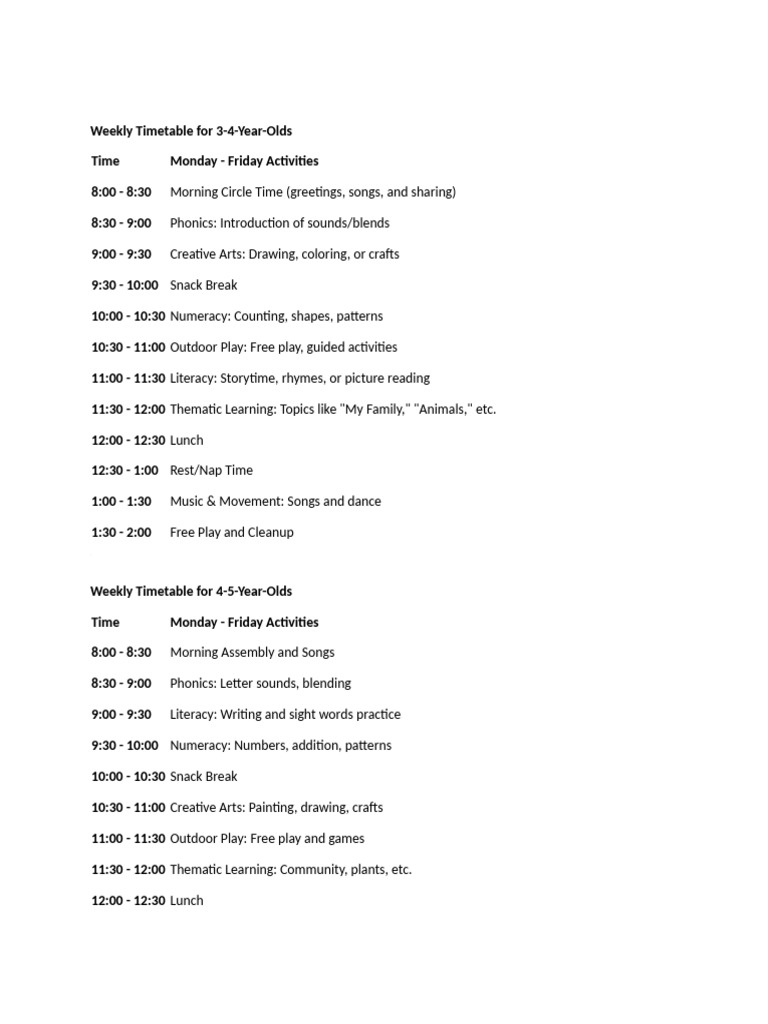 Weekly Timetable For Kindergarten | PDF | Phonics | Literacy