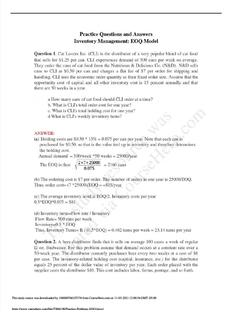 PDF This Study Resource Was Practice Questions and Answers Inventory Management Eoq Model ...