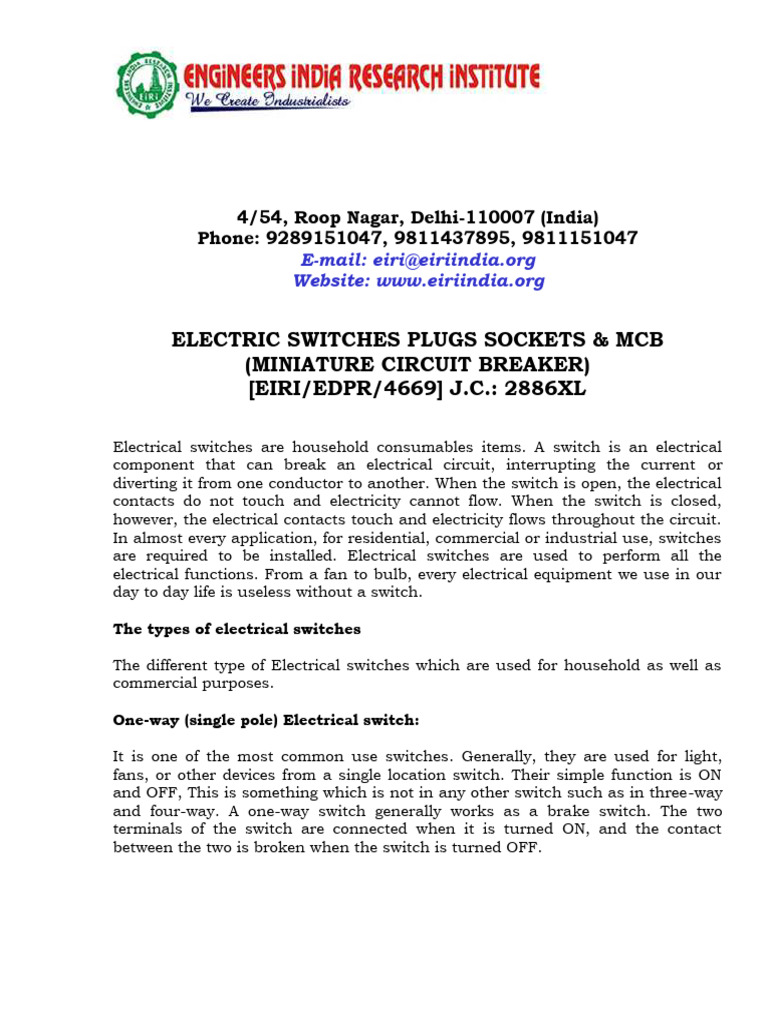 Project Report On ELECTRIC SWITCHES PLUGS SOCKETS & MCB (MINIATURE ...
