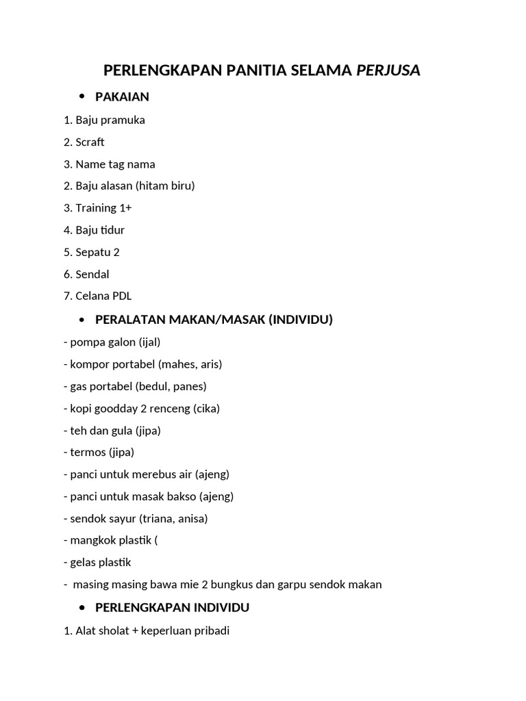 Perlengkapan Panitia Perjusa Lengkap | PDF