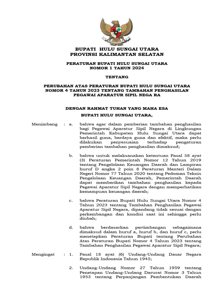 Perbub HSU Tahun 2024 No 1 | PDF