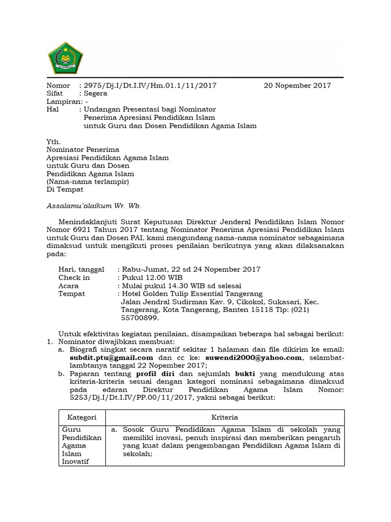 Undangan Presentasi Nominator PAI 2017 | PDF