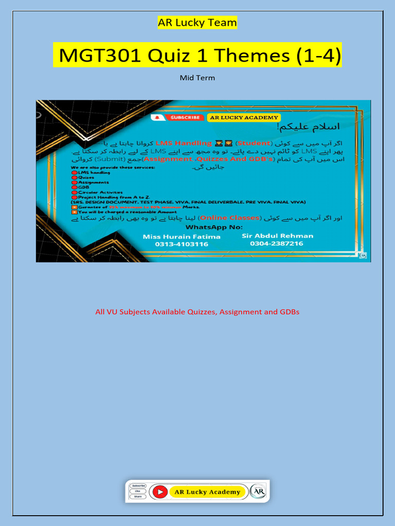 MGT301 Quiz 1 Themes (1-4) BY AR Lucky Team | PDF | Quiz Games
