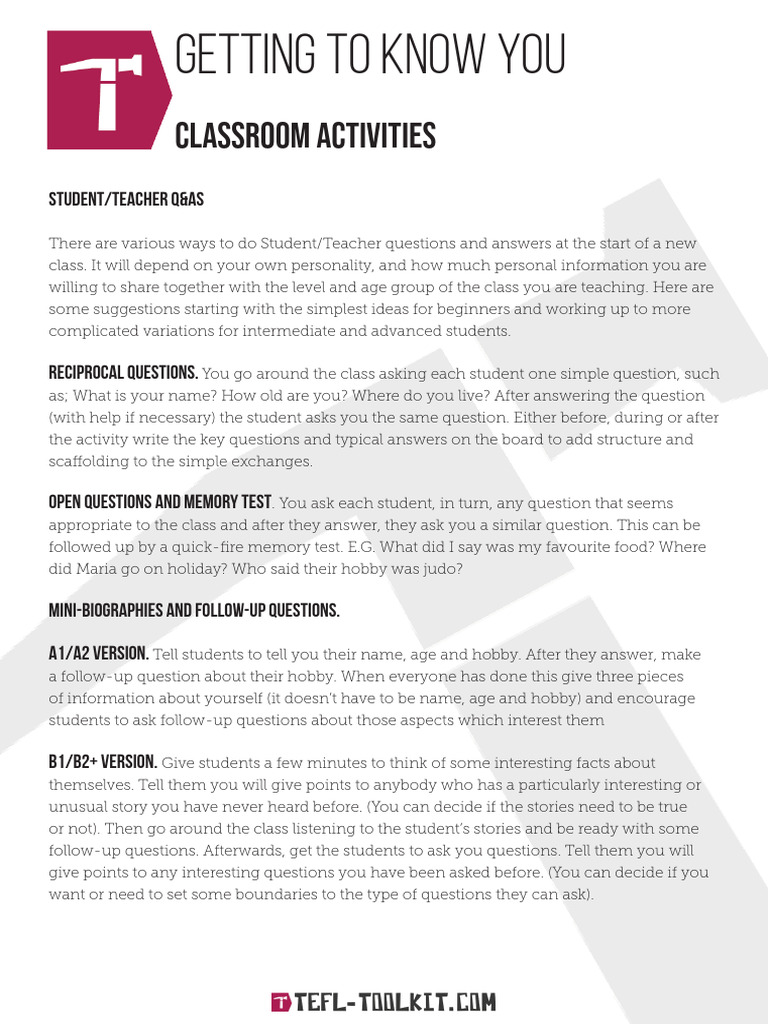 Classroom Activities for Student Introductions | PDF | Question | Lie