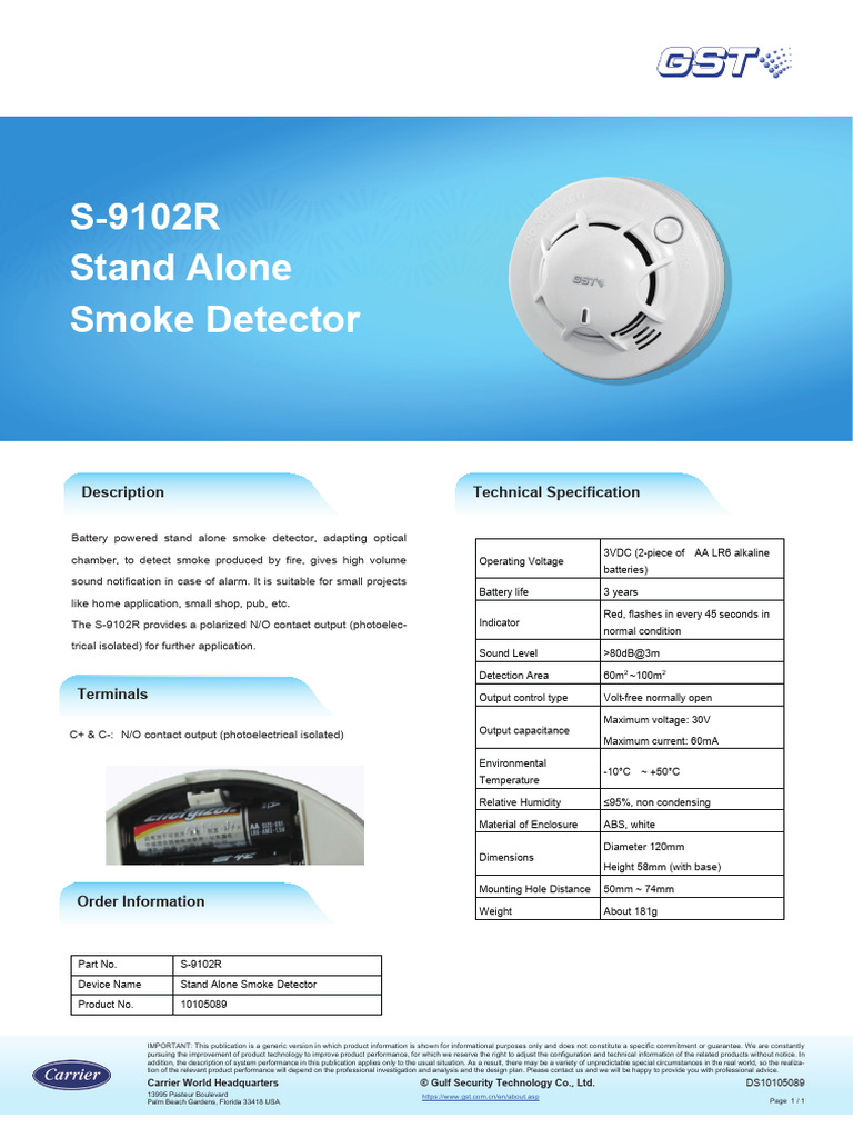 GST S-9102R Smoke Detector Data Sheet | PDF | Electronics ...