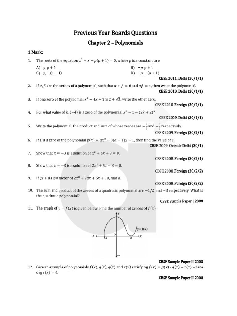 Polynomials Question Paper 1 | PDF