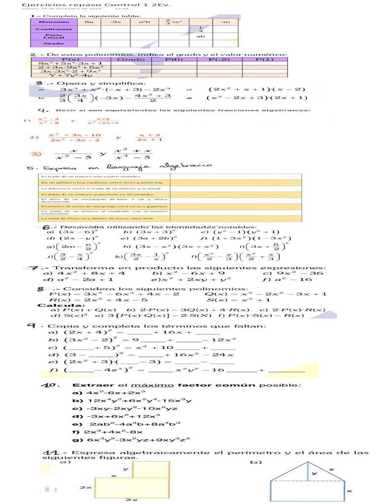 Ejercicios Repaso Control 1 2ev. | PDF