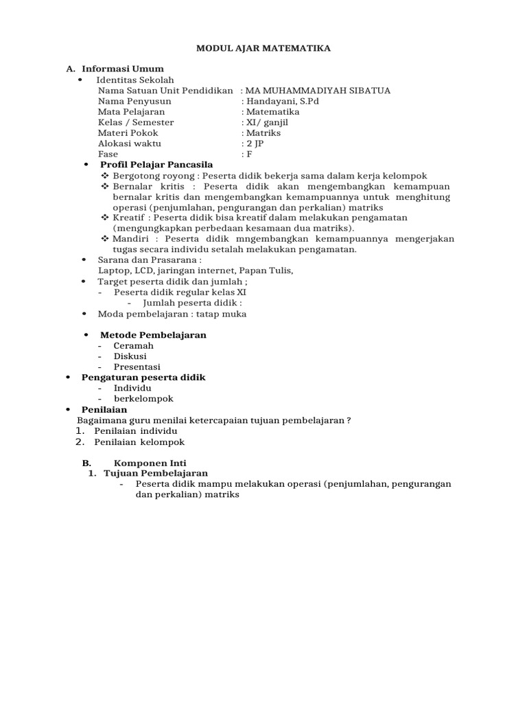Modul Ajar Matriks Kelas XI Kurikulum Merdeka | PDF
