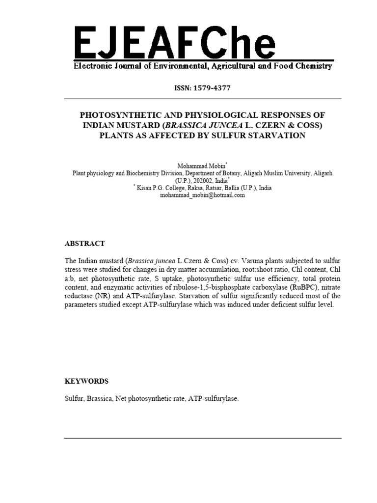 Mohammad Mobin 2010 Photosynthetic and Physiological Responses of Indian Mustard (Brassica ...