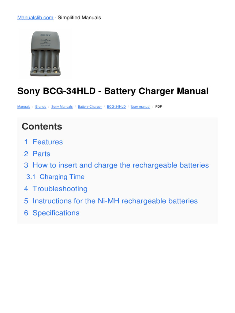 Sony BCG-34HLD - Battery Charger Manual | PDF | Battery Charger | Rechargeable Battery