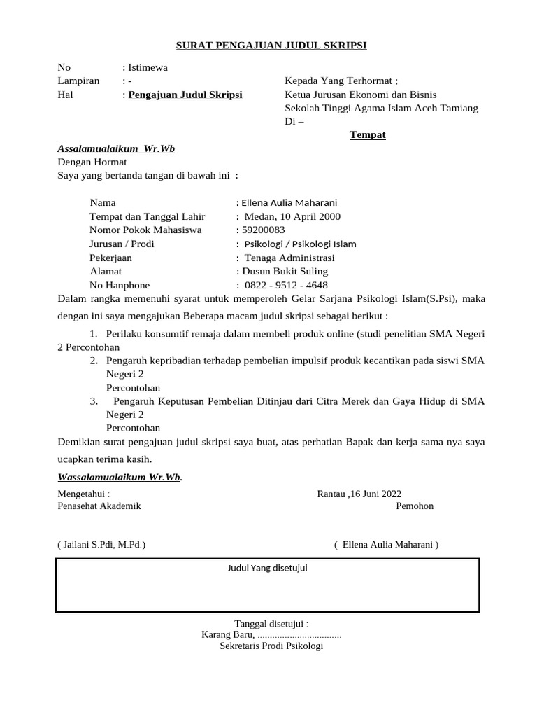 Surat Pengajuan Judul Skripsi Eks''''-1 | PDF
