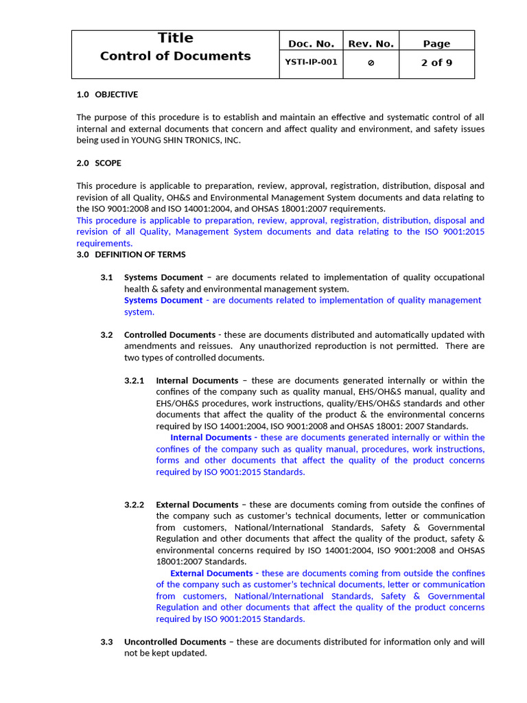 Control of Documents - YSTI-IP-001 | PDF | International Organization ...