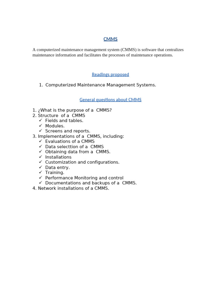 CMMS_Introduction_Implementation_Questions_soÌ lo CMMS_english | PDF