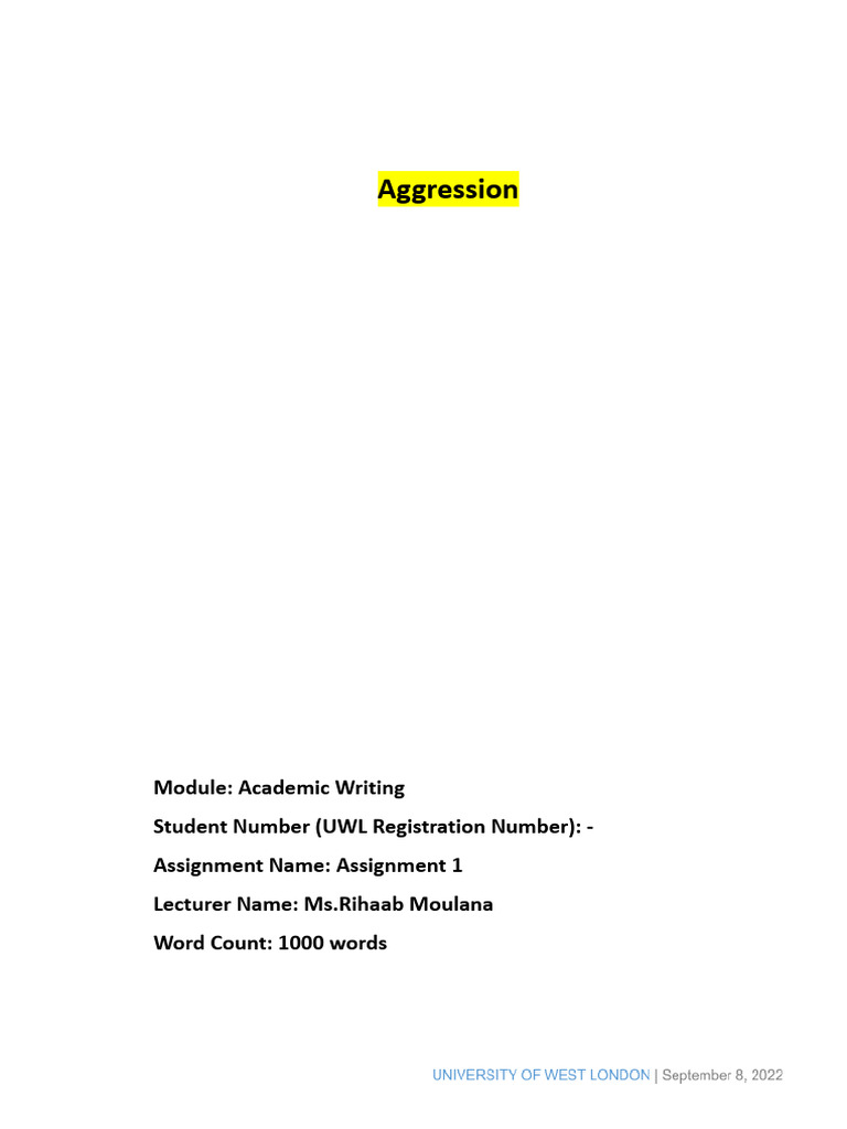Academic Writing - Assignment 1 | PDF | Aggression | Psychological Concepts