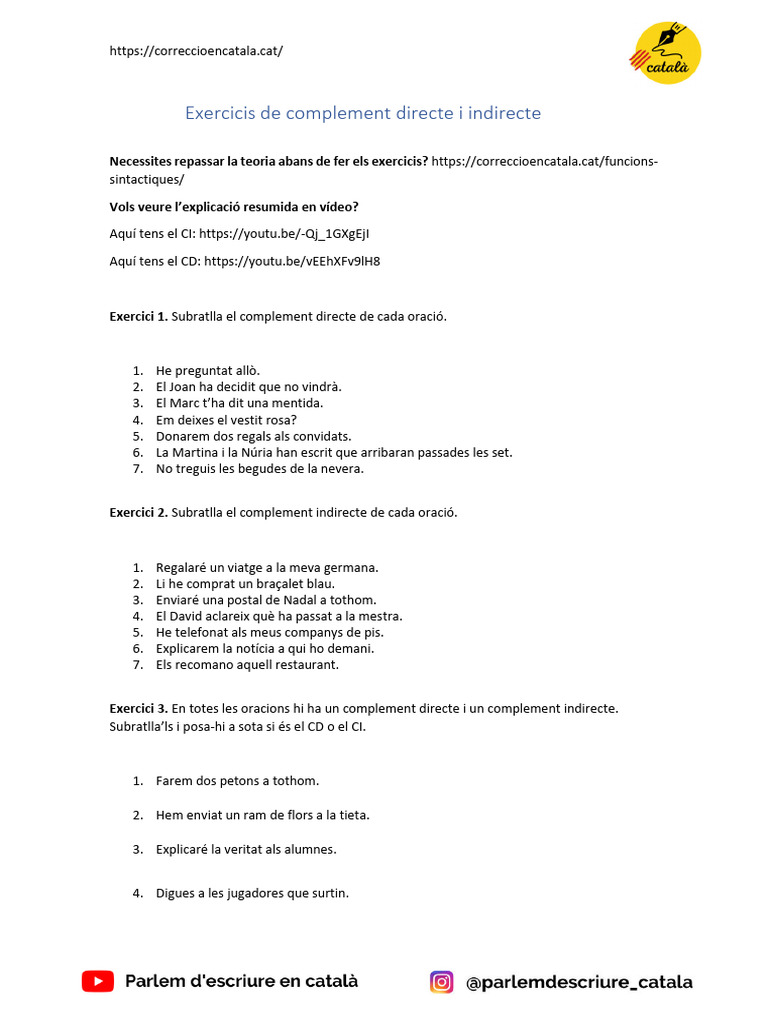 Exercicis de Complement Directe I Indirecte - PDF | PDF