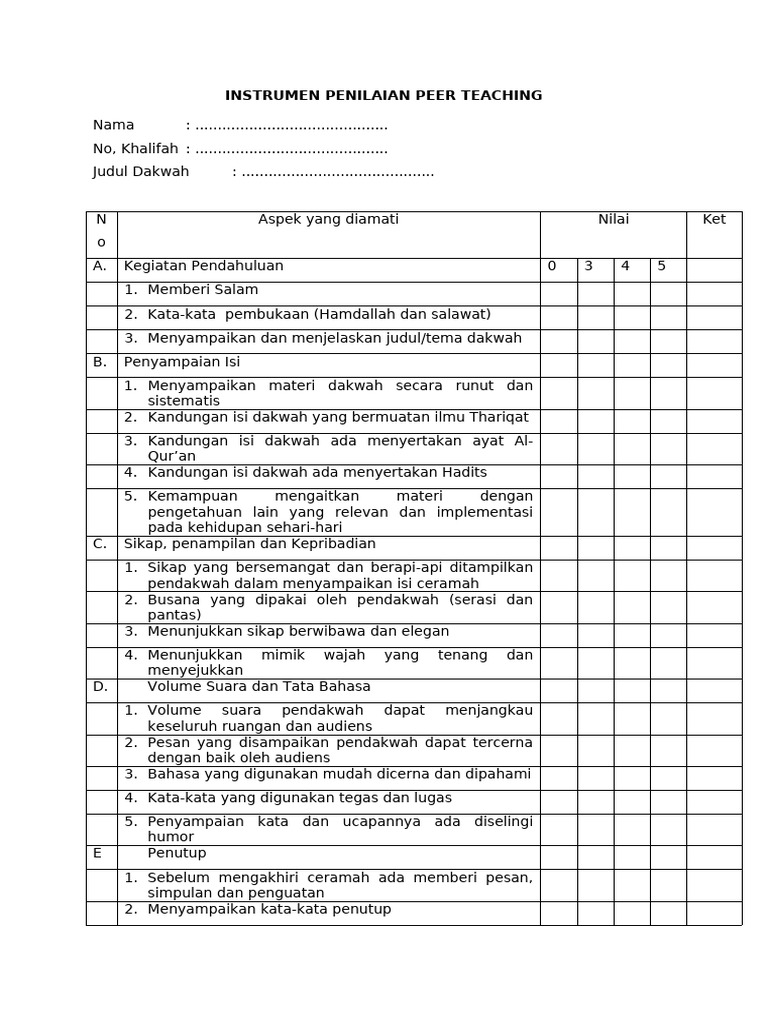 Rancangan INSTRUMEN PENILAIAN PEER TEACHING-Dakwah | PDF