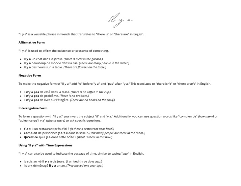 Understanding "Il y a" in French | PDF