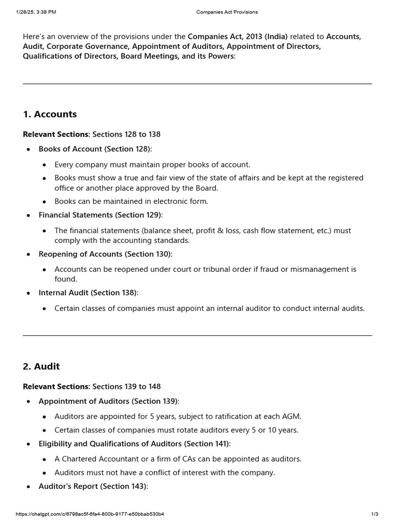 Companies Act 2013: Key Provisions Overview | PDF | Audit | Internal Audit