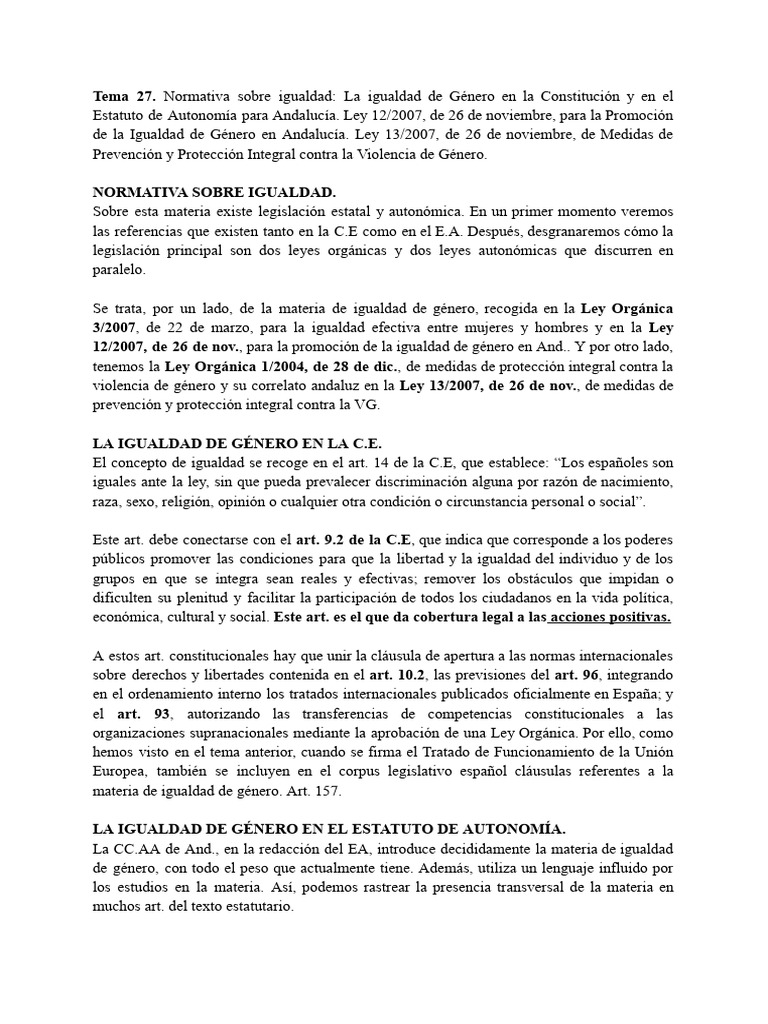 Tema 27. Común J.A | PDF | Estudios de género | Igualdad de género
