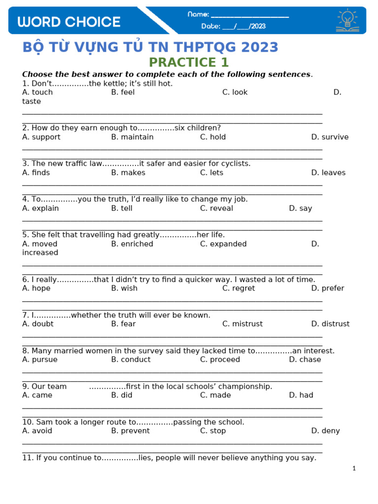 Word Choice Hay Practice Test 1 | PDF