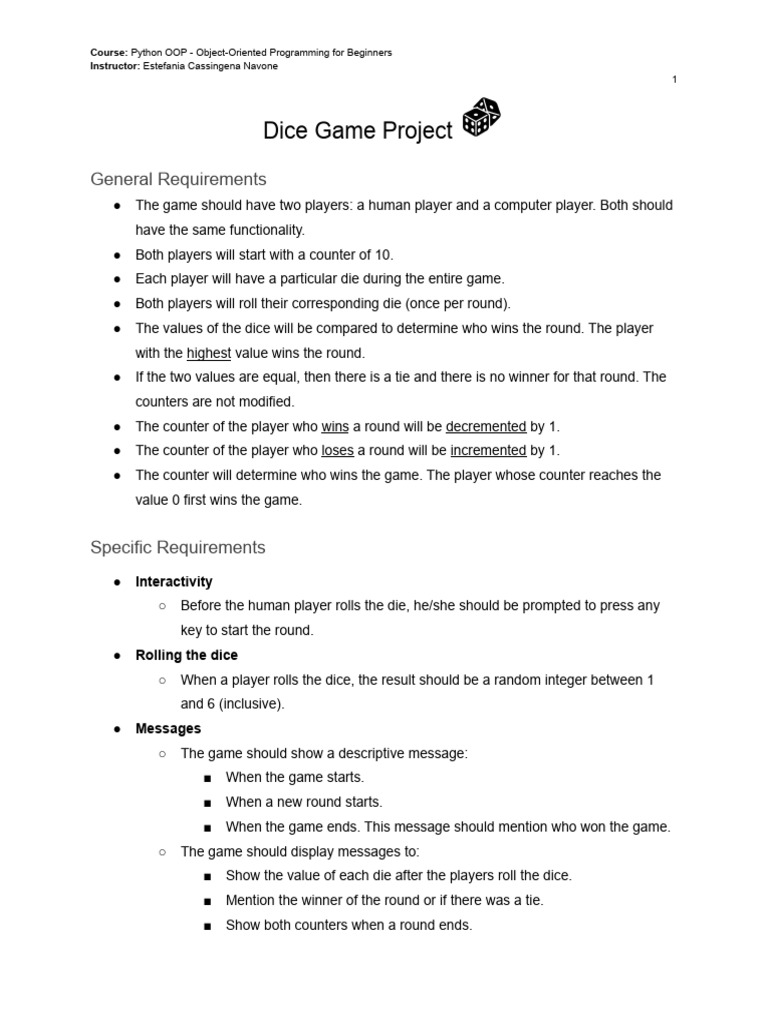 Python+OOP+-+Dice+Game+Project+Description+-+No+Highlight | PDF ...