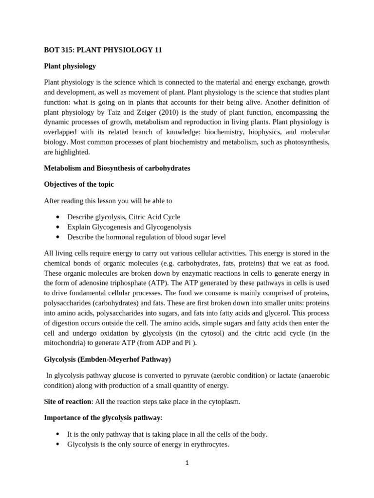 2024plant Physiology 11 Notes BOT315 | PDF | Glycolysis | Lipid