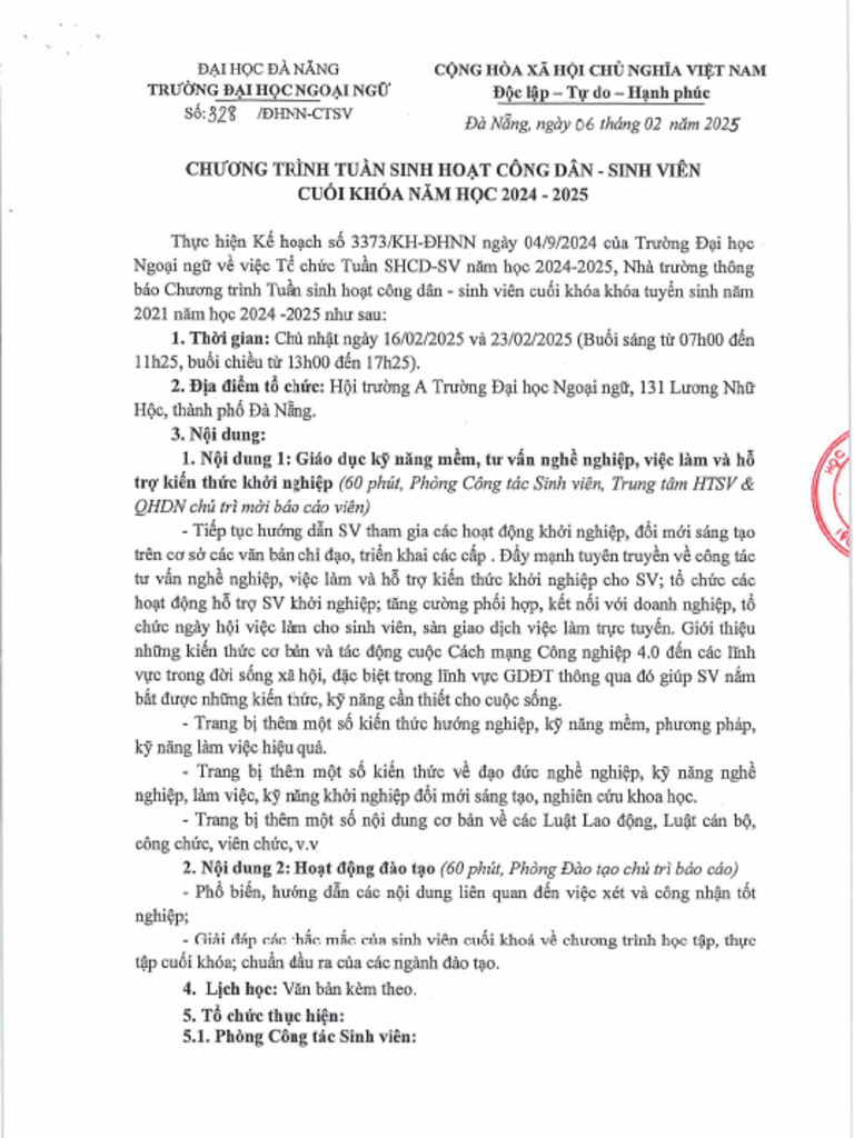 Cvdi 328-ĐHNN-CTSV Chuong Trinh Tuan SHCD-SV Cuoi Khoa Nam Hoc 2024-2025 | PDF