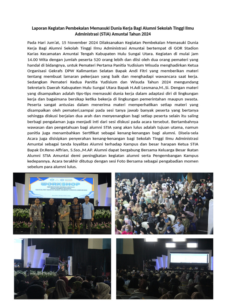 Laporan Kegiatan Pembekalan Memasuki Dunia Kerja Bagi Alumni Sekolah Tinggi Limu Administrasi | PDF