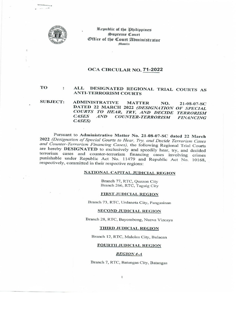 Oca Circular No. 71-2022 Designation of Special Courts | PDF