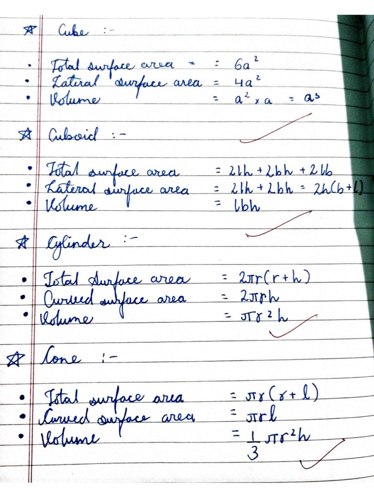 Class 10th Surface Area and Volume Formula Sheet | PDF