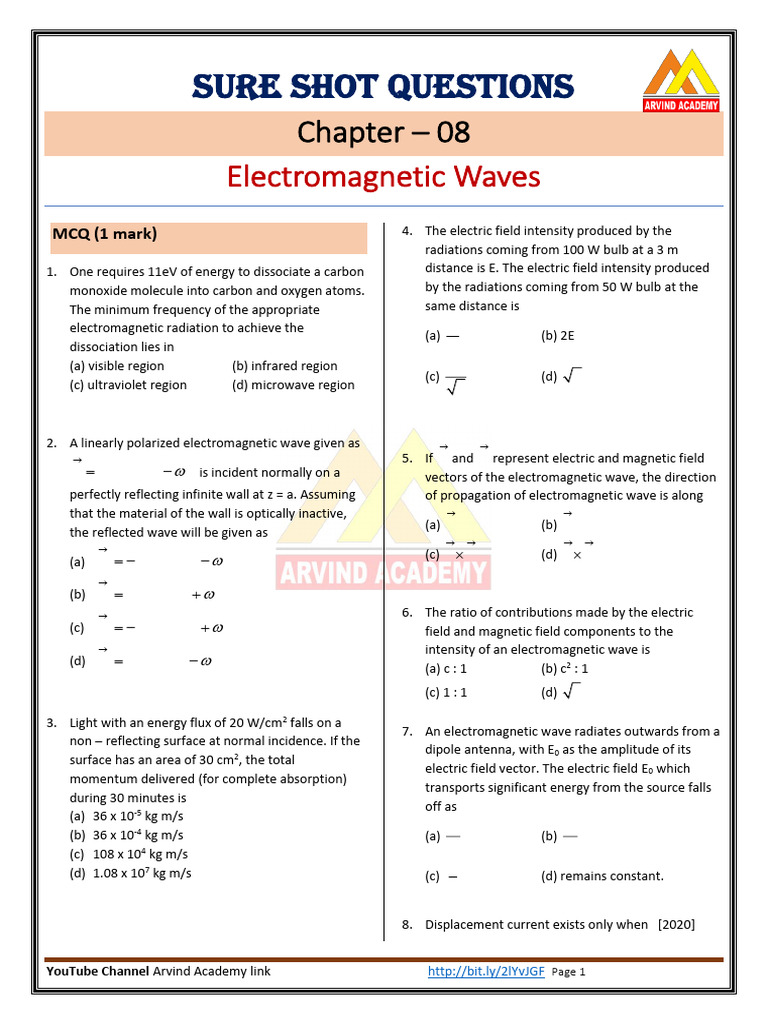 Electromagnetic Waves MCQs for NEET | PDF | Electromagnetic Radiation ...