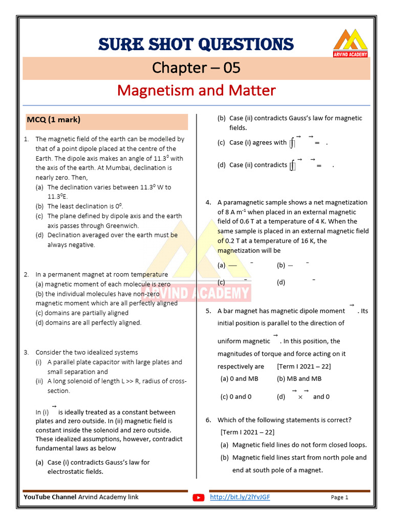 MCQs on Magnetism and Matter | PDF | Magnetism | Magnetic Field