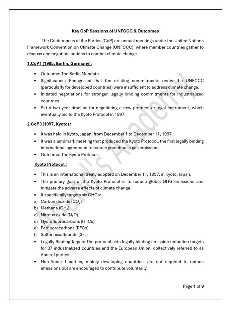 UNFCCC CoP Sessions and Key Outcomes | PDF | Kyoto Protocol | United ...