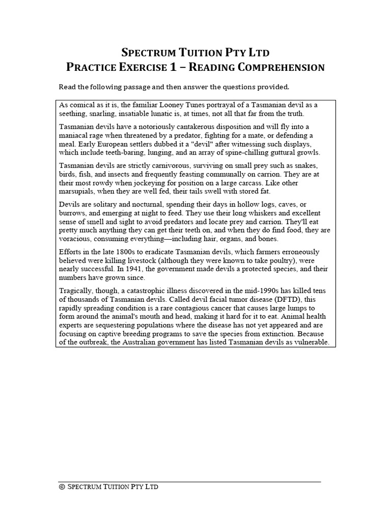 Reading Comprehension Exercise 1 Practice Questions | PDF | Predation ...