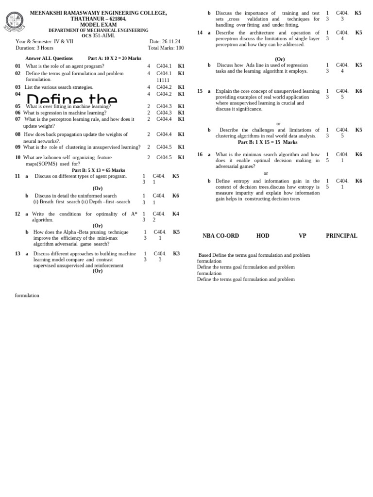 aiml model exam | PDF | Machine Learning | Learning