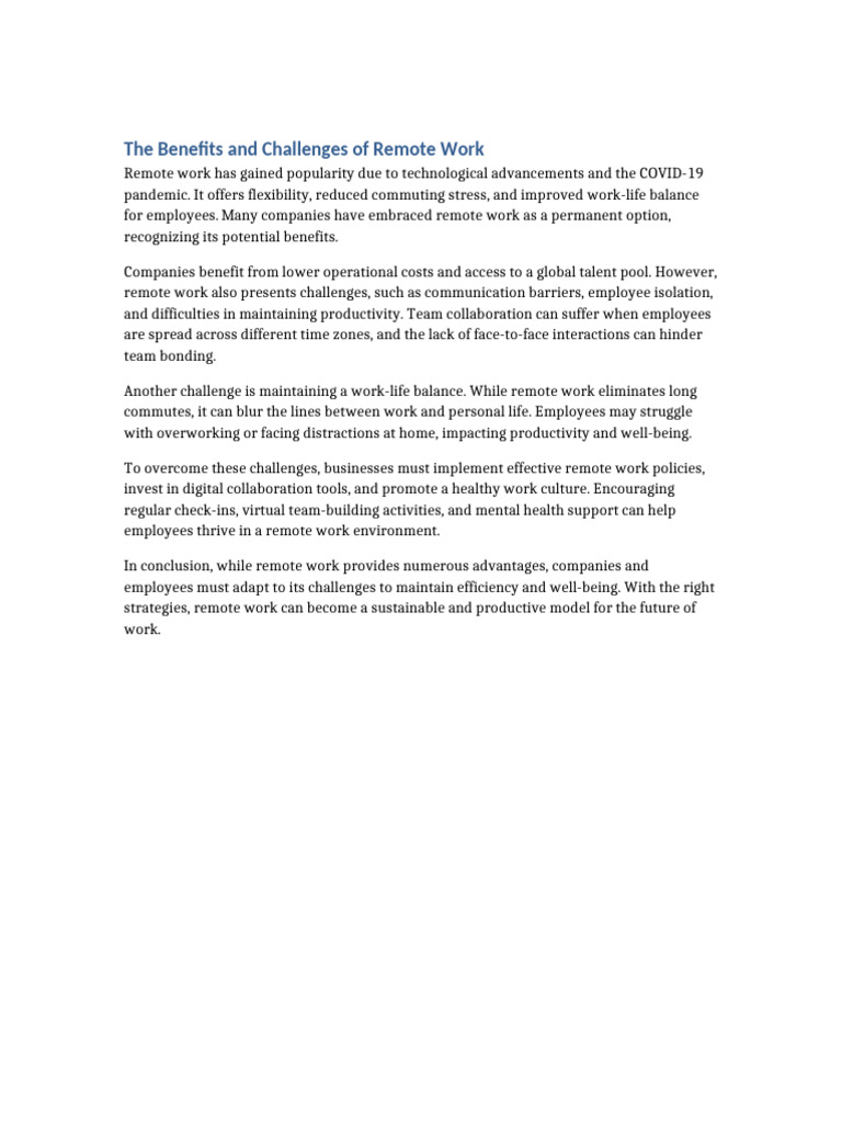 The Benefits and Challenges of Remote Work | PDF