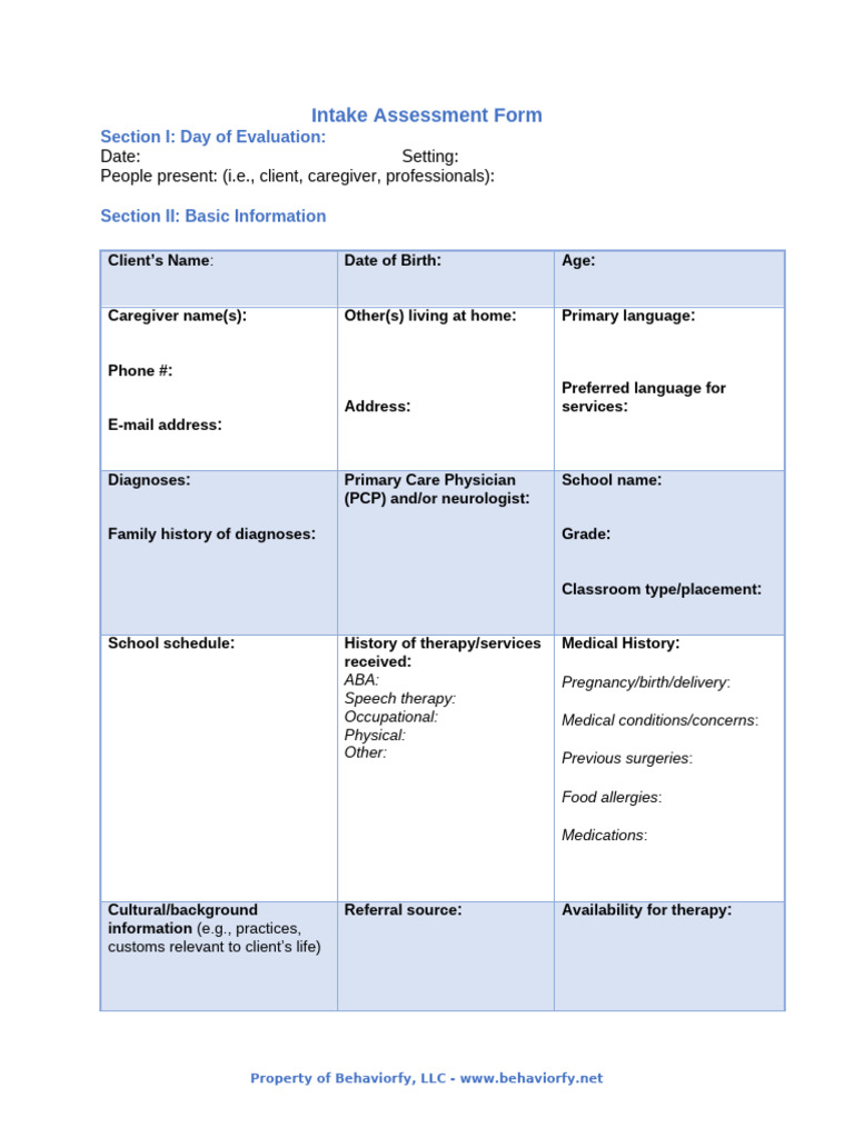 FILL IN Intake Assessment | PDF | Health Care | Behavioural Sciences