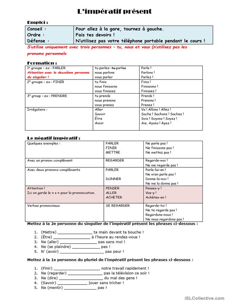 Guide de l'impératif présent en français | PDF | Pronom | Langues