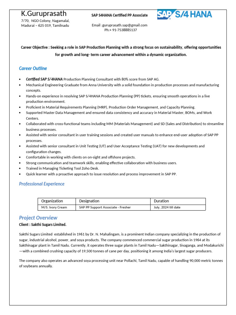 SAP PP Resume | PDF