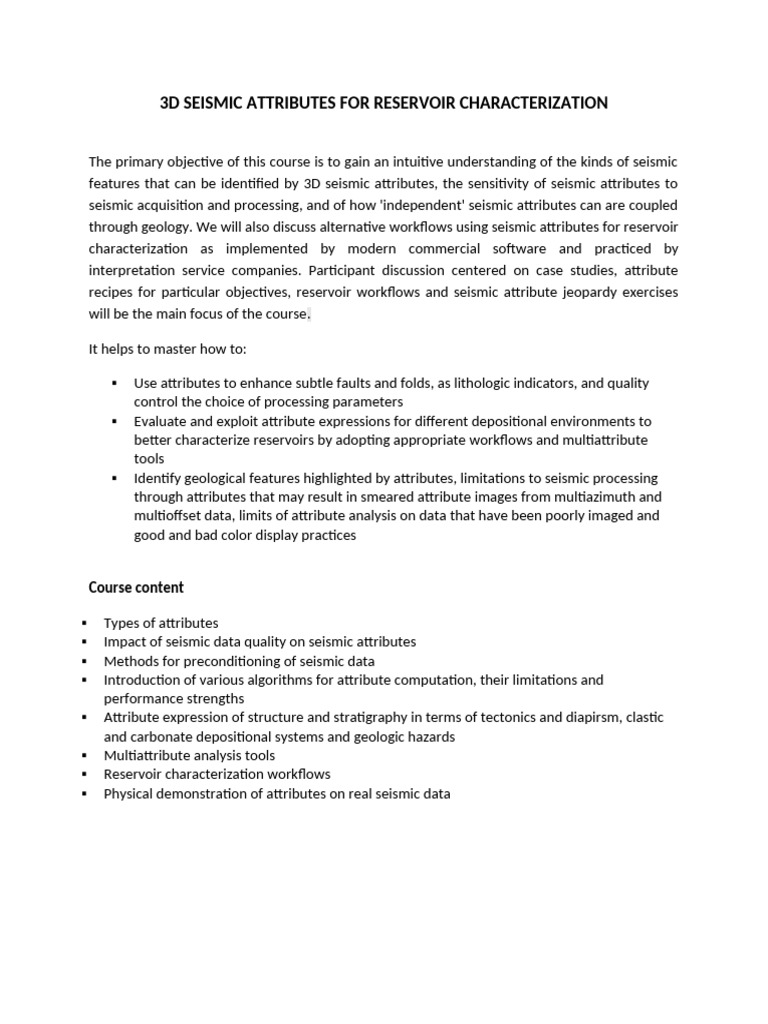 3D Seismic Attributes For Reservoir Characterization | PDF