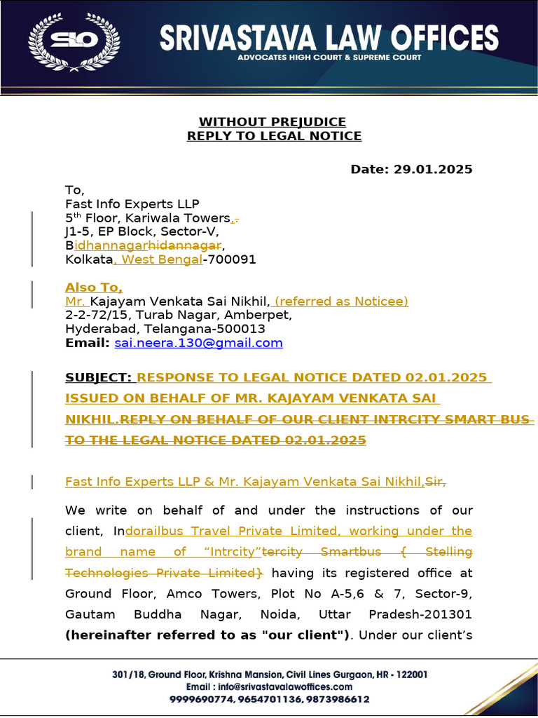 Responce Fast Info Legal Notice Dated 02.01.2025 | PDF | Bus