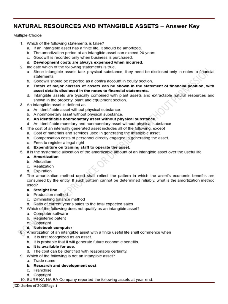 NATURAL RESOURCES AND INTANGIBLE ASSETs-answer Key | PDF | Intangible ...